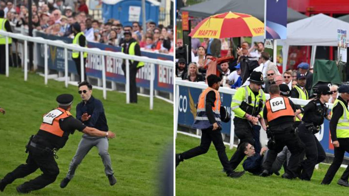 Animal rights protester runs across Epsom Derby track | LBC