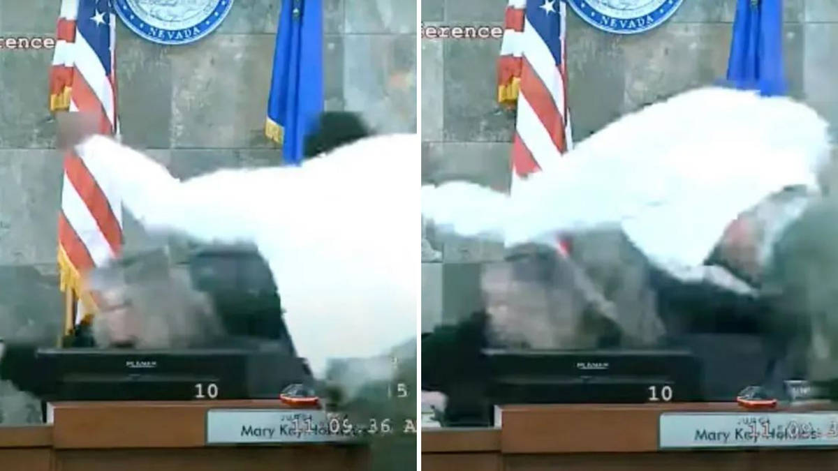 Shocking moment defendant hurls himself over courtroom bench to attack ...