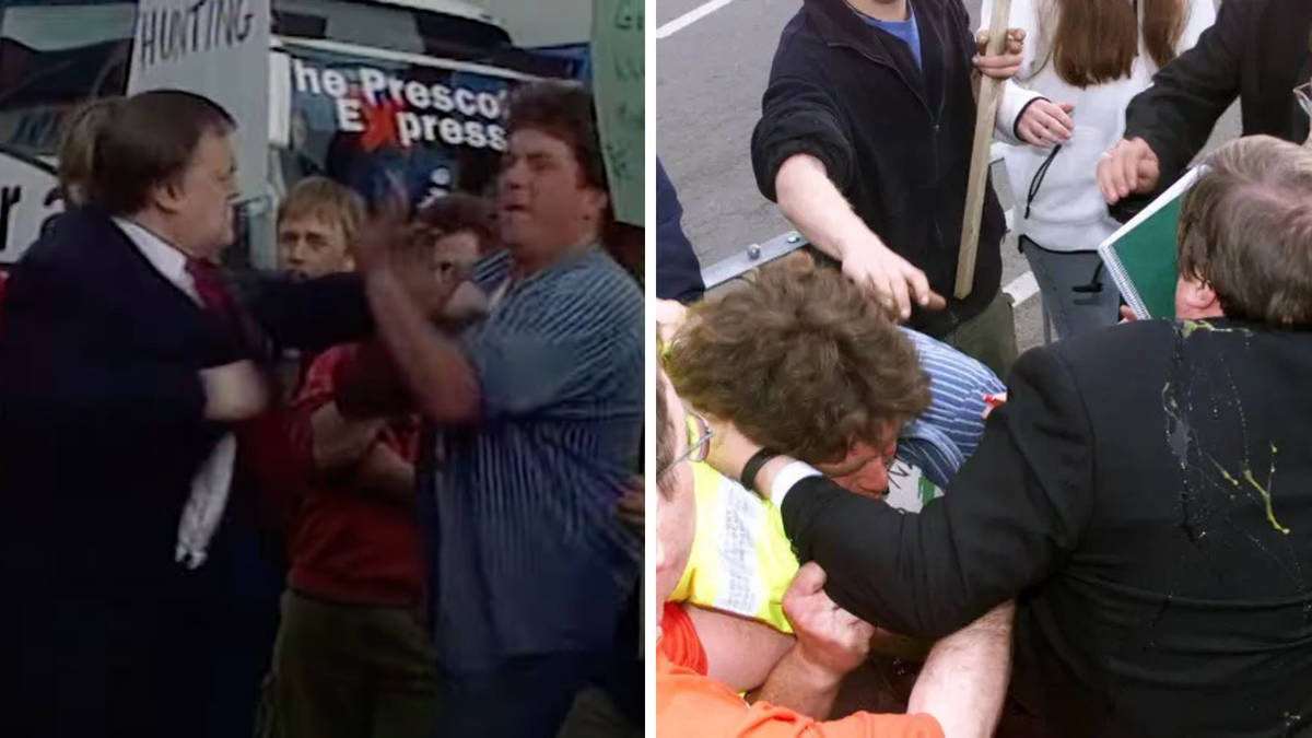 Infamous moment John Prescott punches protester who threw egg at him | LBC