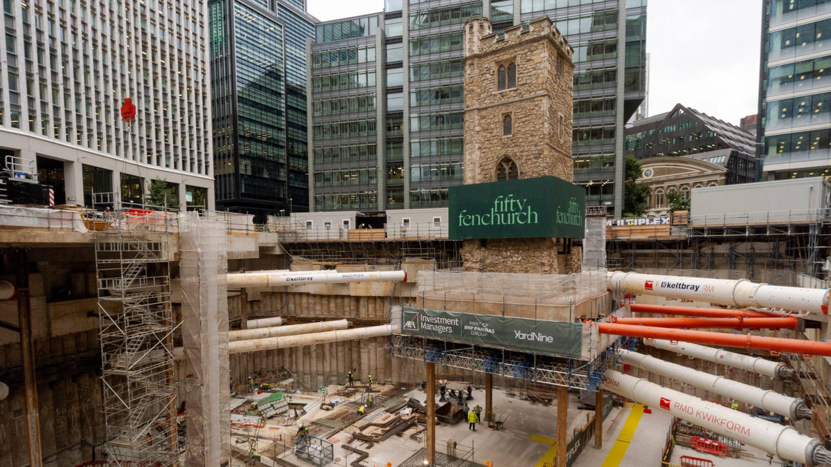 Medieval church tower suspended 45ft above City of London development site in landmark ...