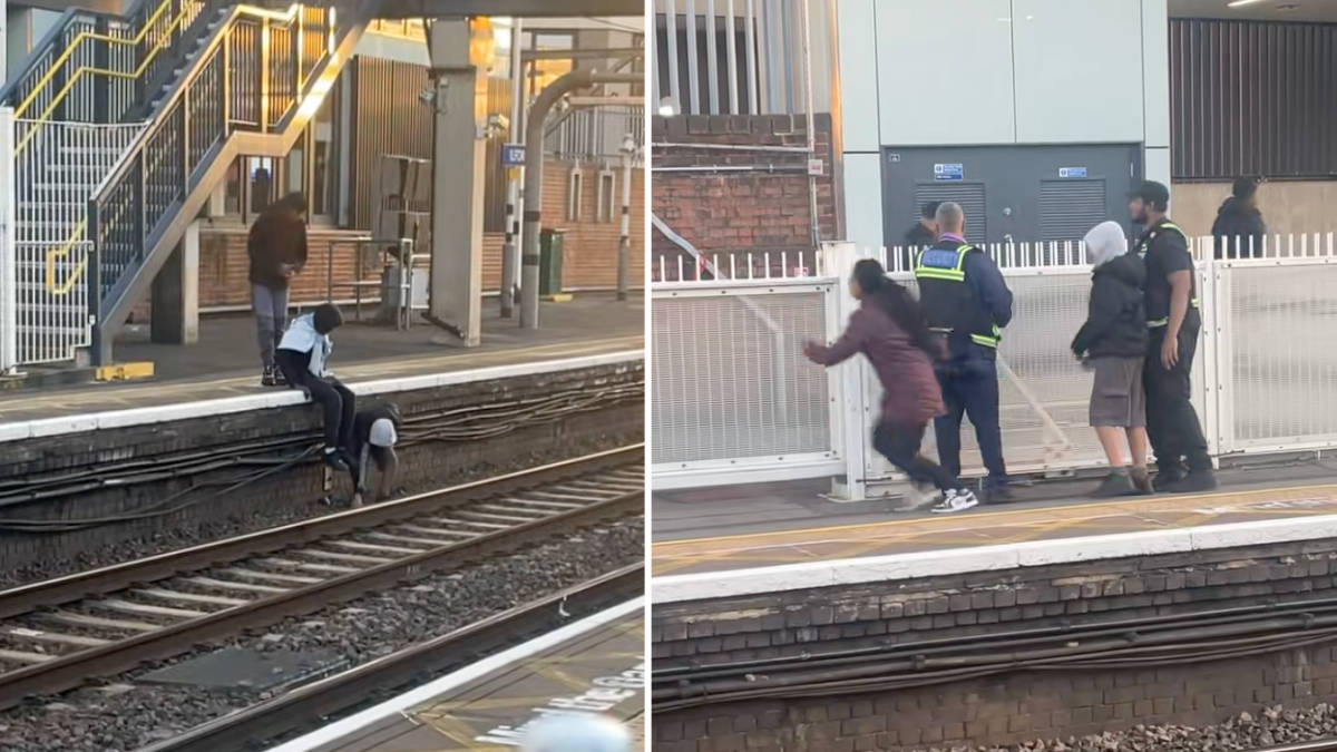 Shocking moment man jumps onto train tracks to retrieve woman's phone ...