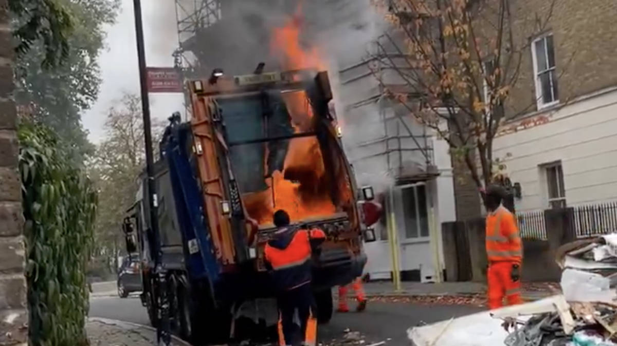 Watch moment bin lorry goes up in flames after e-bike battery explodes ...