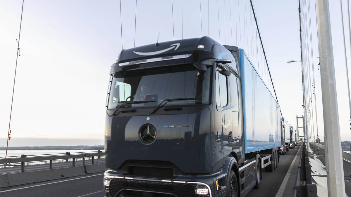 First new Amazon electric heavy goods vehicles hit UK roads | LBC
